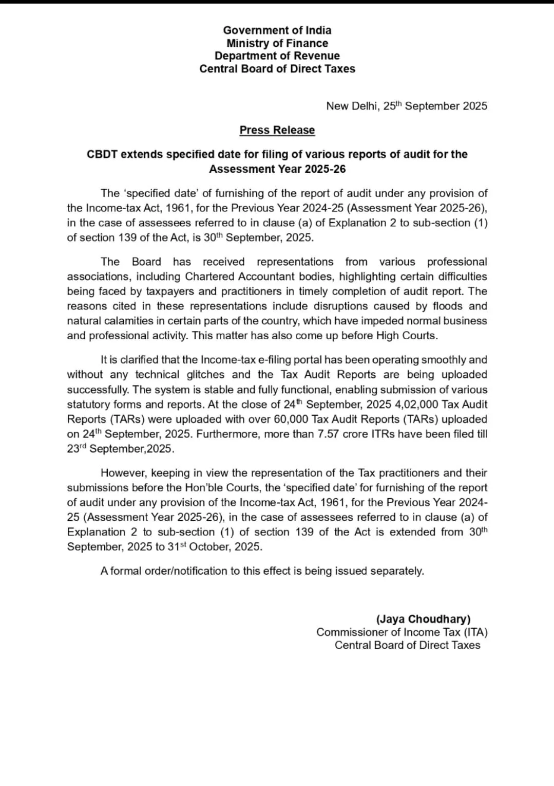 CBDT Extends Tax Audit Report Filing Deadline for AY 2025-26: What You ...