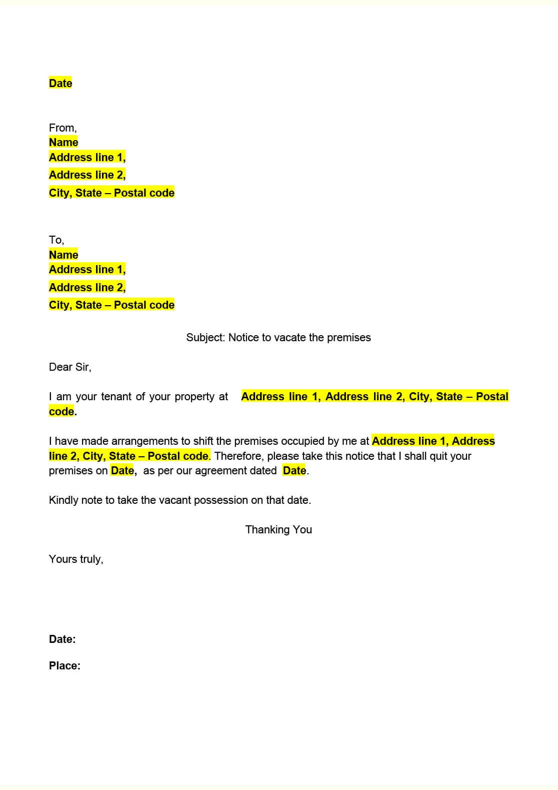  Sample Letter From Landlord To Tenant To Vacate Notice To Vacate From Landlord To Tenant 