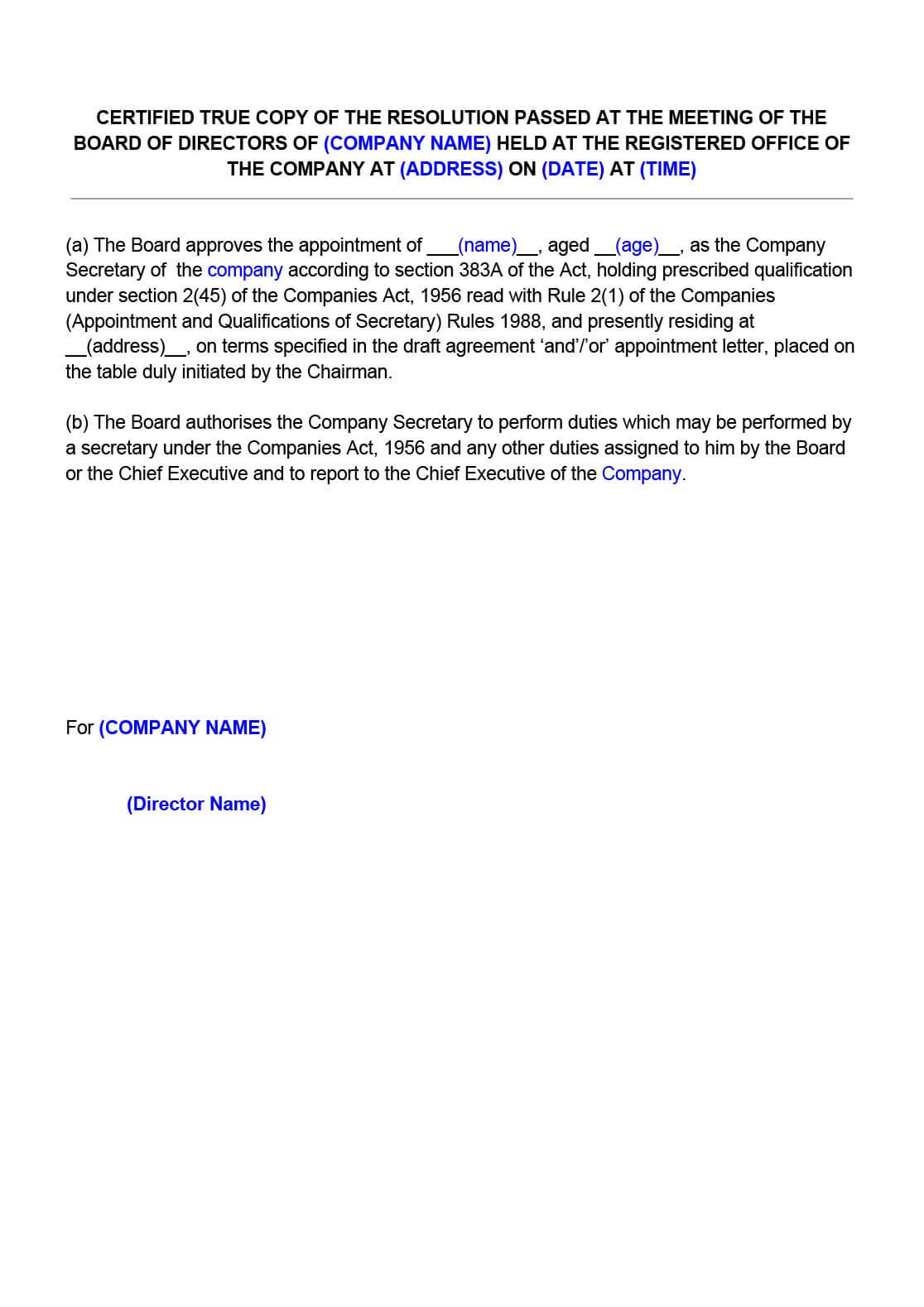 Board Resolution for Appointment of Auditor - IndiaFilings